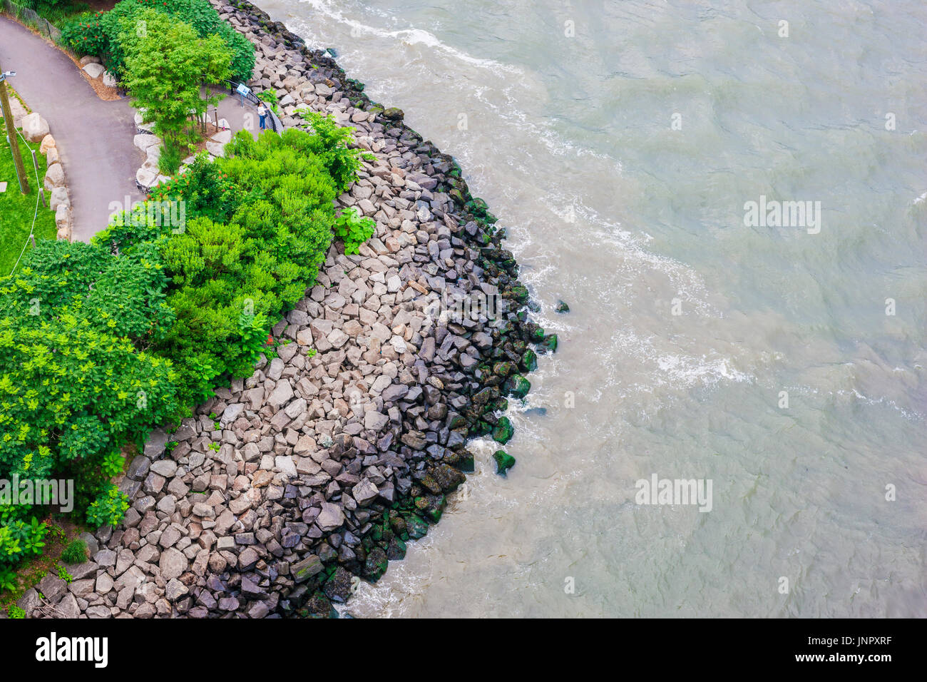 River aerial view. East River in New York City on Brooklyn side from ...
