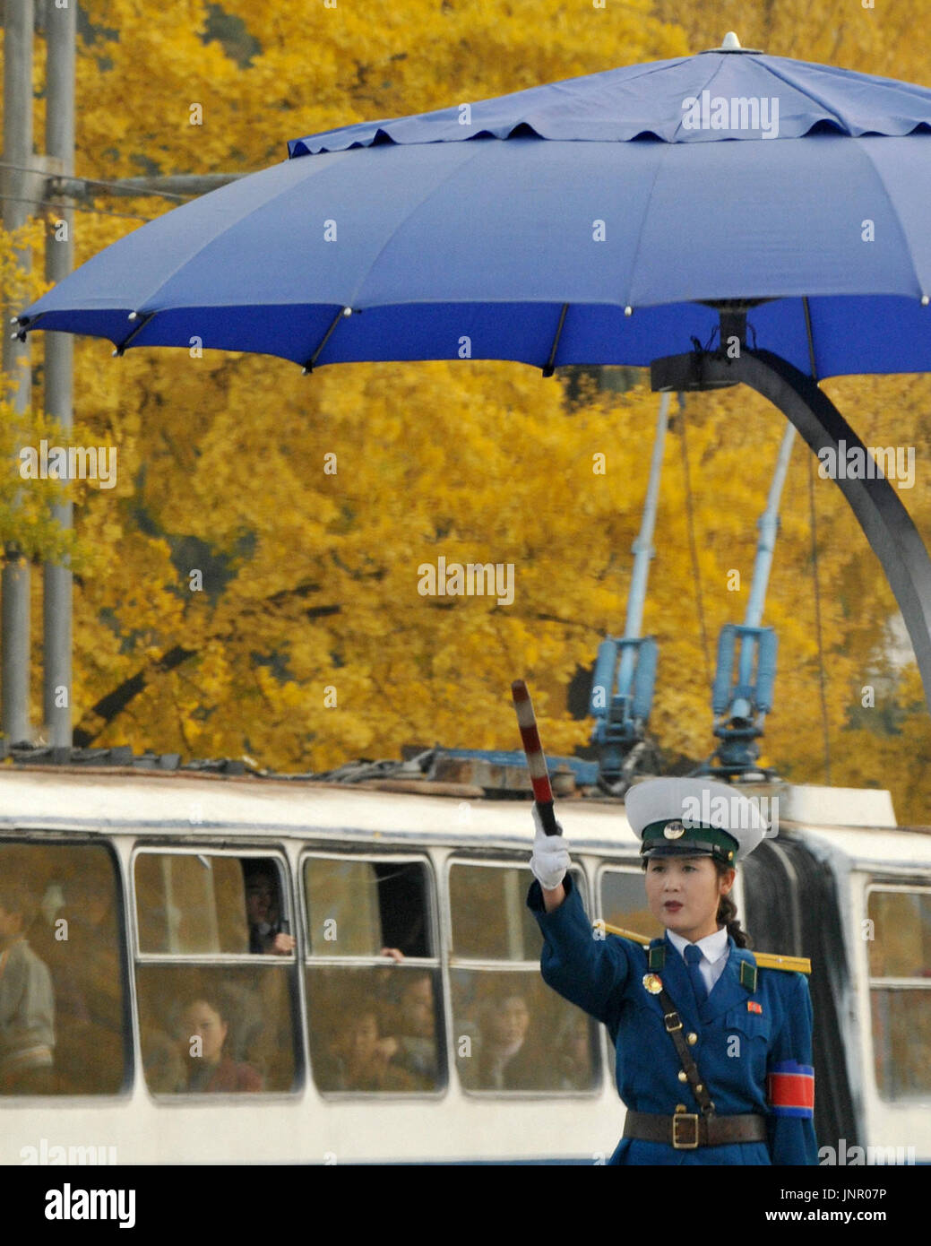 PYONGYANG, North Korea - A policewoman controls traffic at a crossing ...