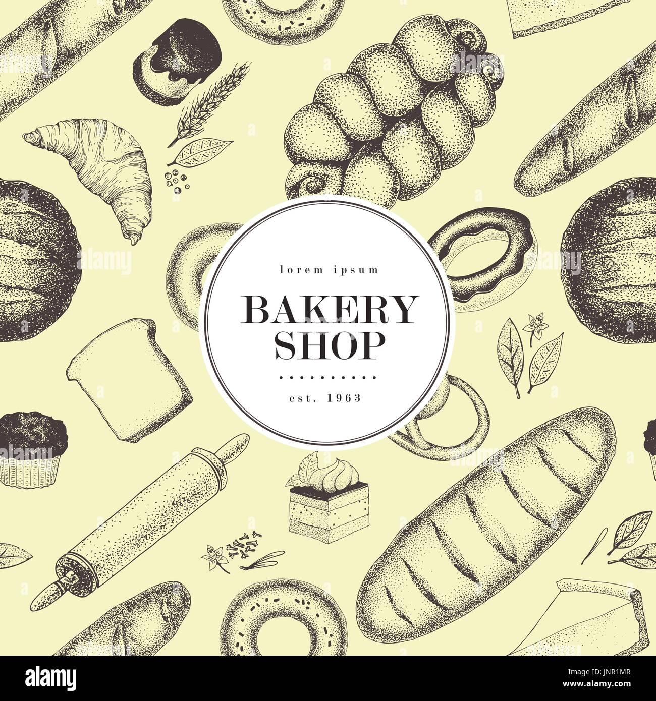 Hand drawn vector bakery banner template. Seamless pattern. Can be use ...