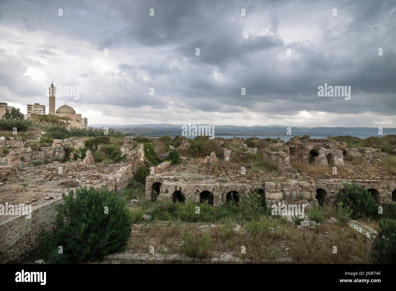 Ruins with view on the mosque with dramatic cloudscape in Tyre, Sour ...