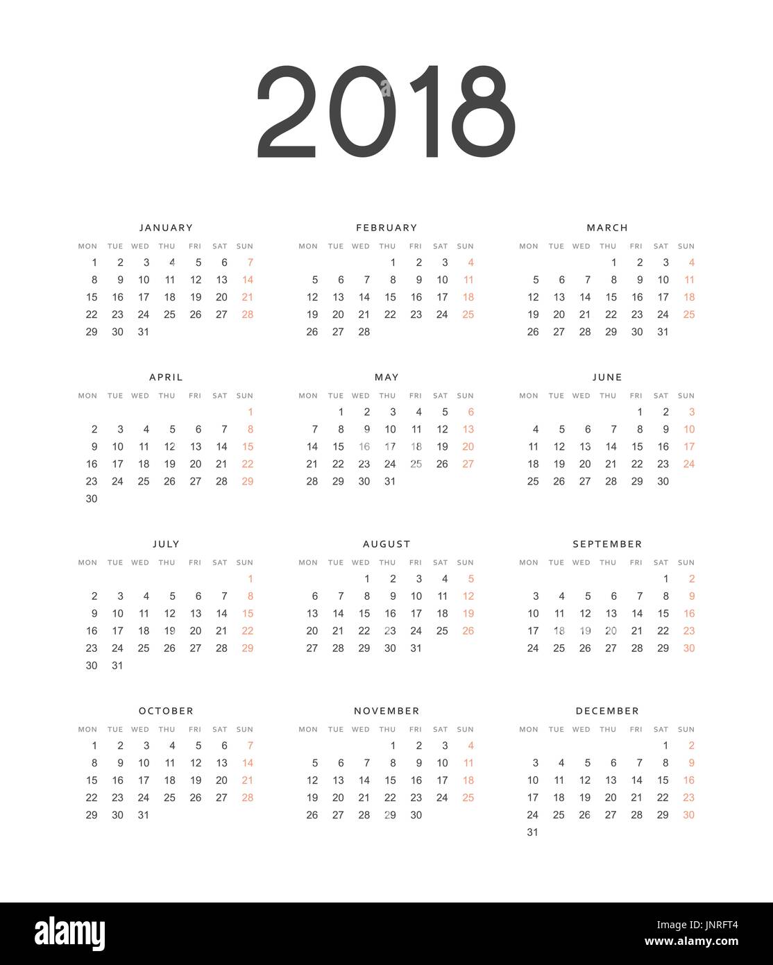 European calendar is a simple template for 2018 Stock Vector Image ...