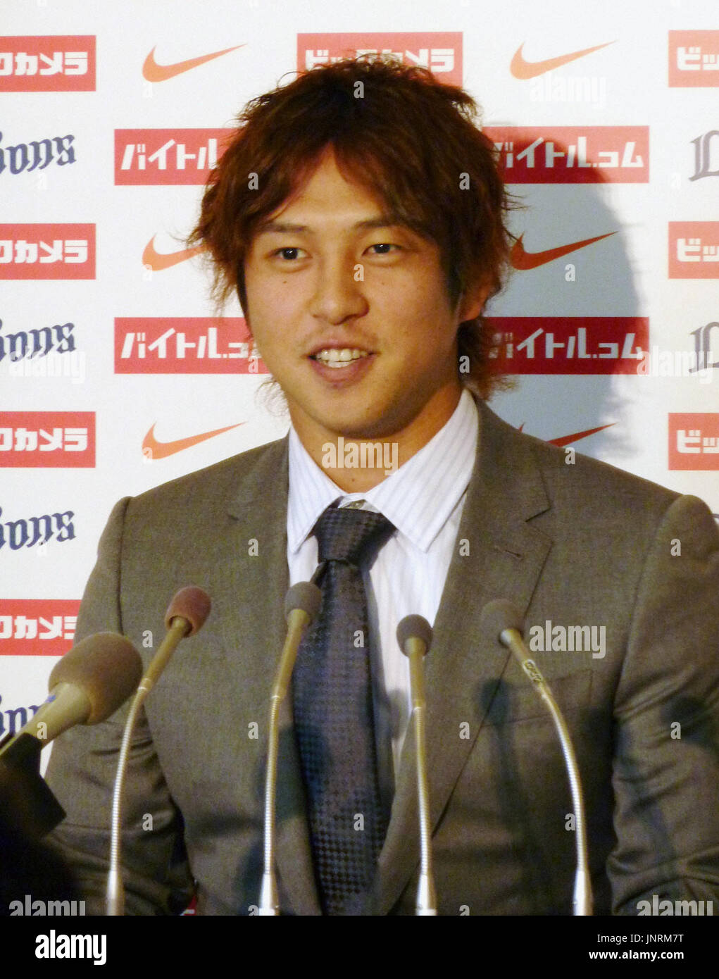TOKOROZAWA, Japan - Seibu Lions shortstop Hiroyuki Nakajima speaks to ...