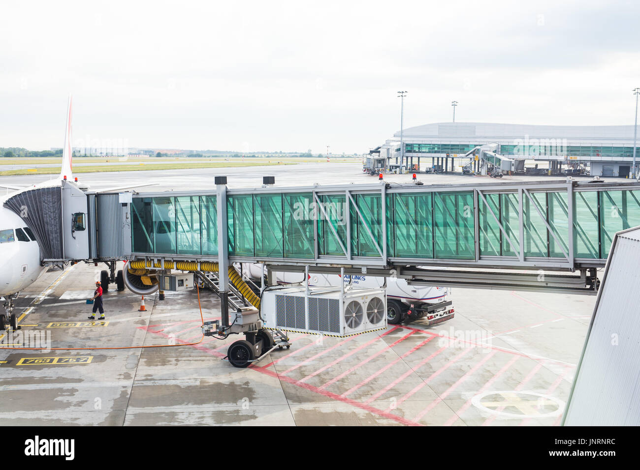 PRAGUE, CZECH REPUBLIC - JUNE 16, 2017: Aircraft with passage corridor ...