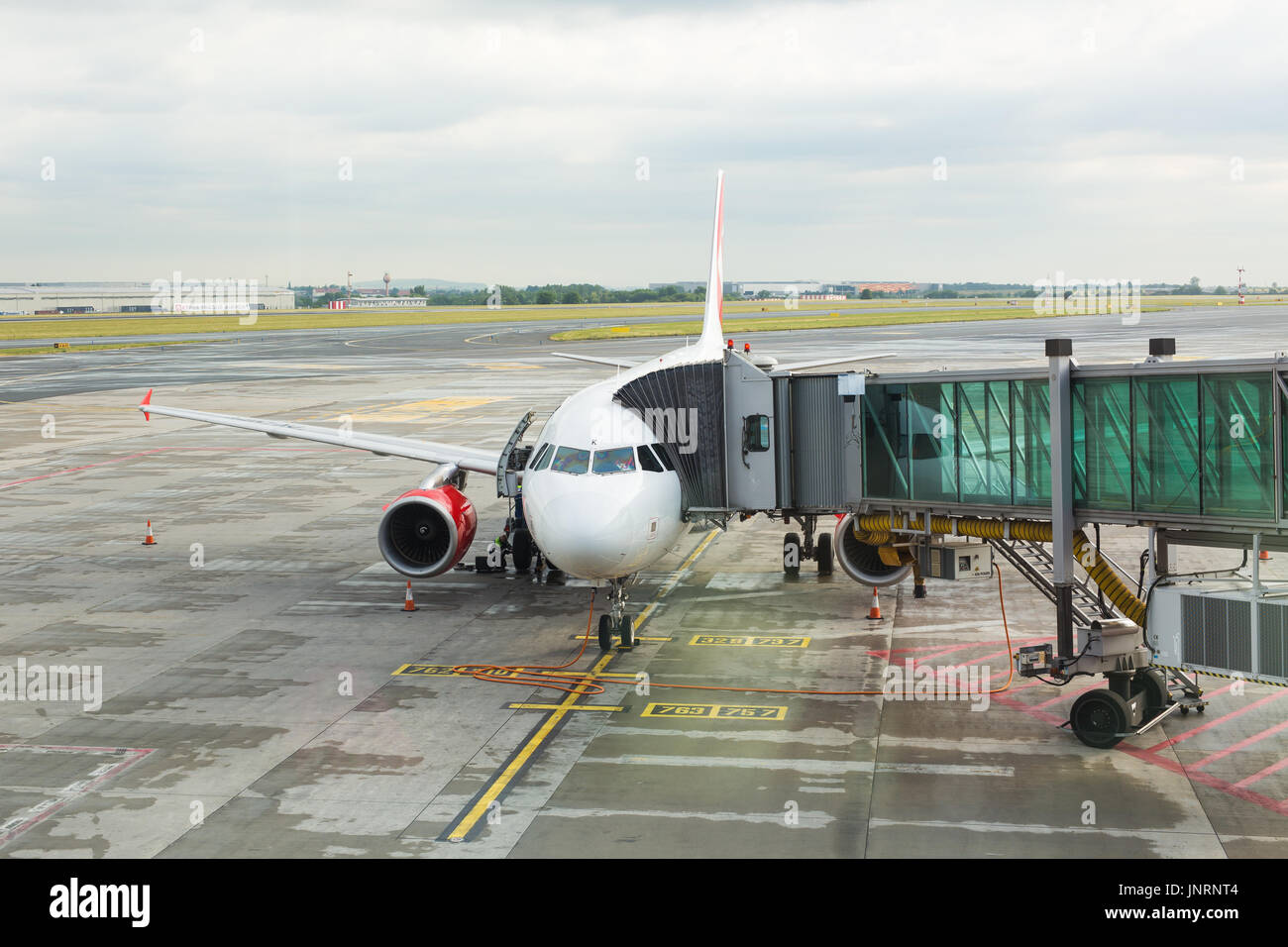 PRAGUE, CZECH REPUBLIC - JUNE 16, 2017: Aircraft with passage corridor ...