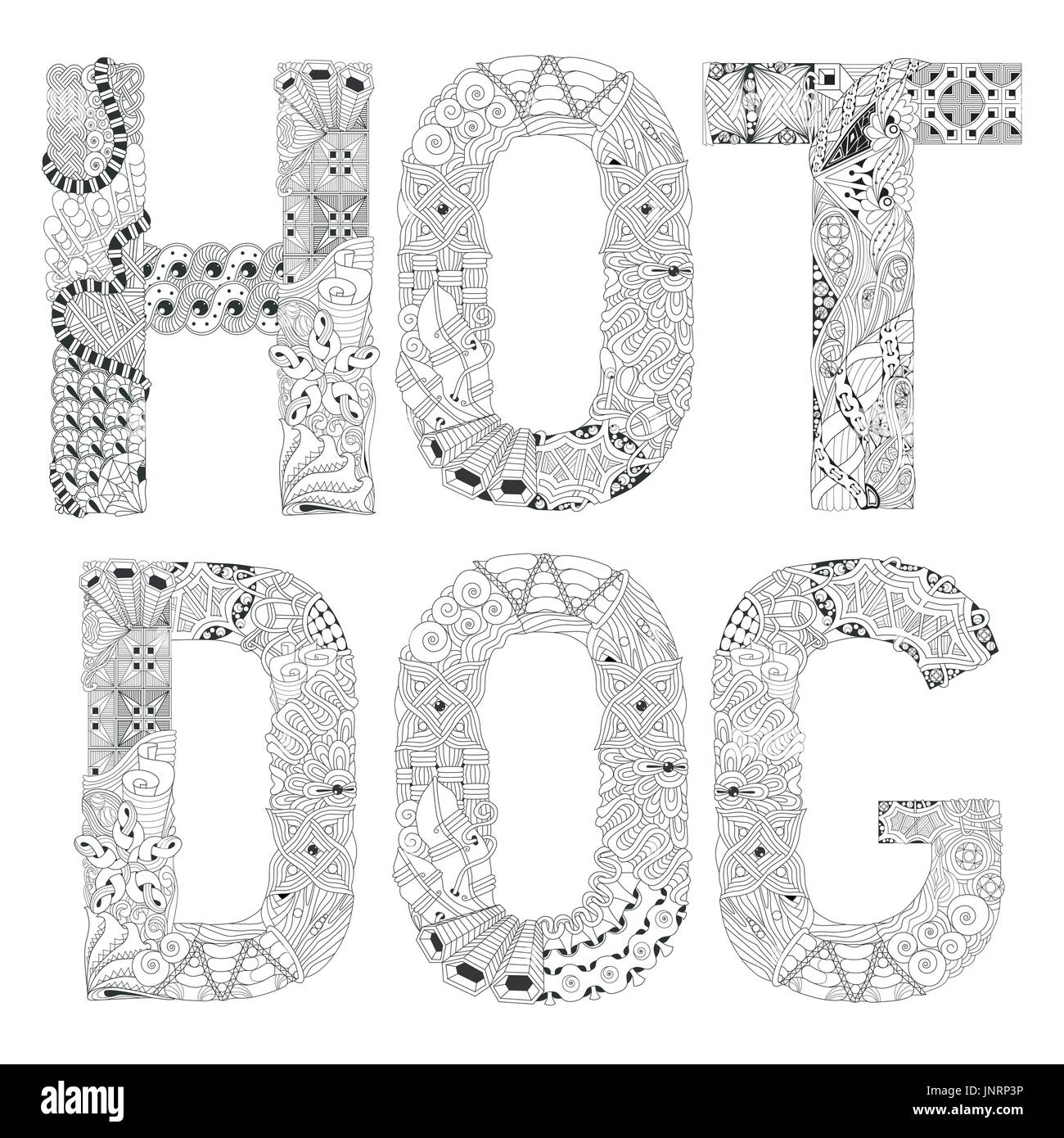 Word hot dog for coloring. Vector decorative zentangle object Stock ...