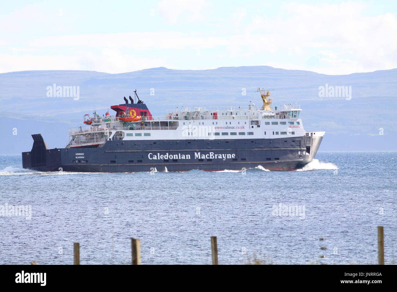 Calmac ferry, MV Hebrides, at speed heading out into Uig Bay from Uig ...