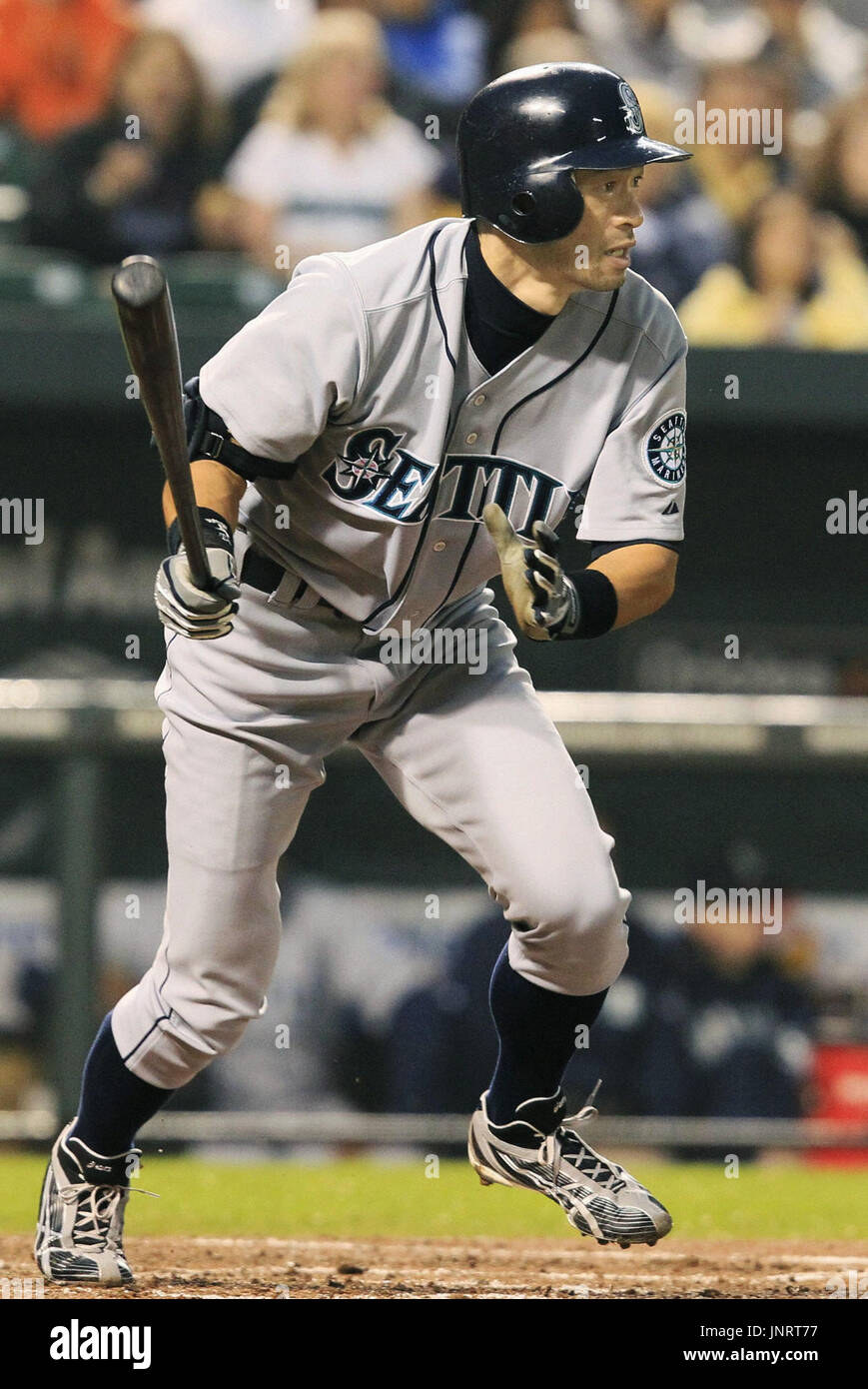 BALTIMORE, United States - Ichiro Suzuki of the Seattle Mariners hits a ...