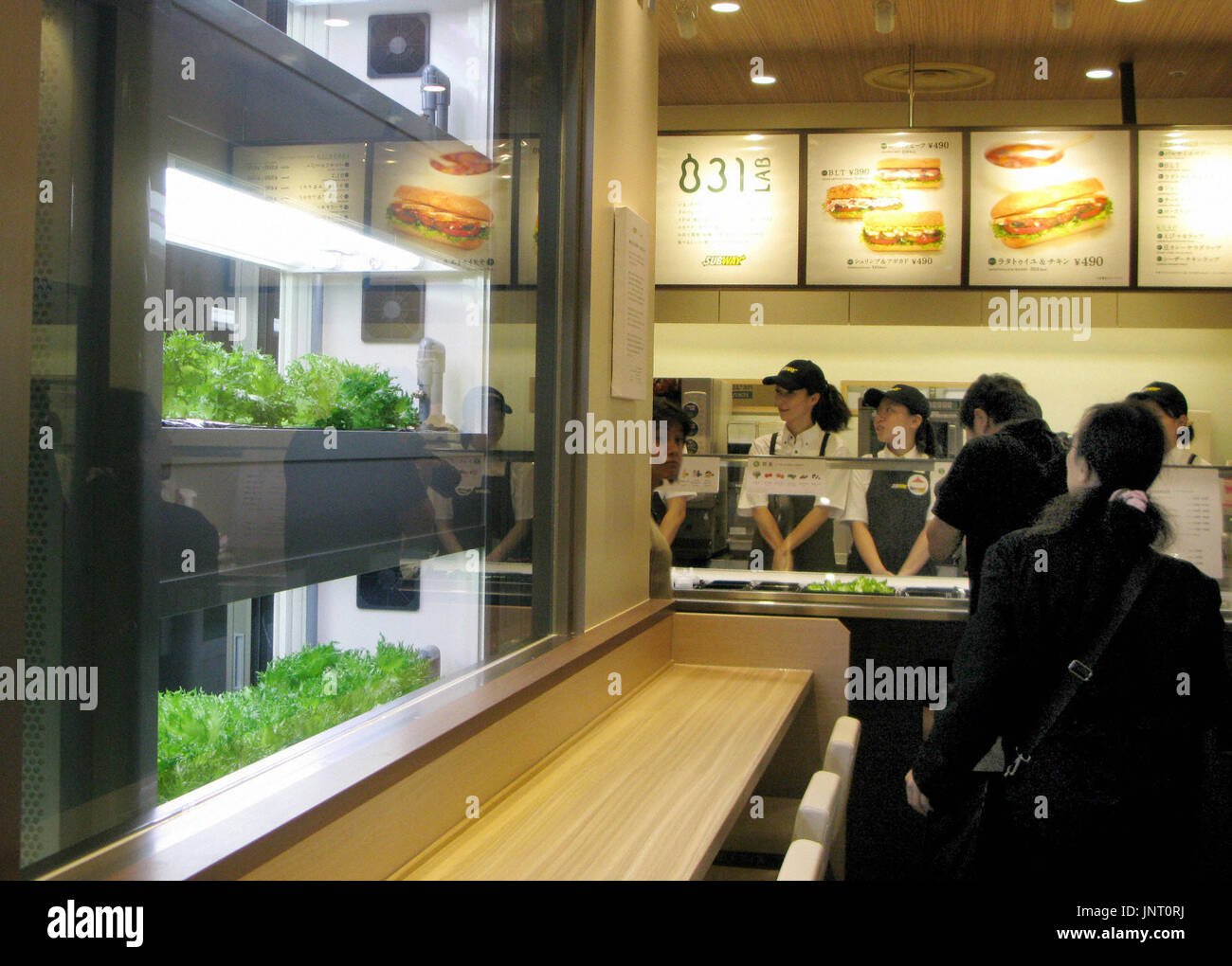 TOKYO, Japan - People view a Subway restaurant with an indoor lettuce ...