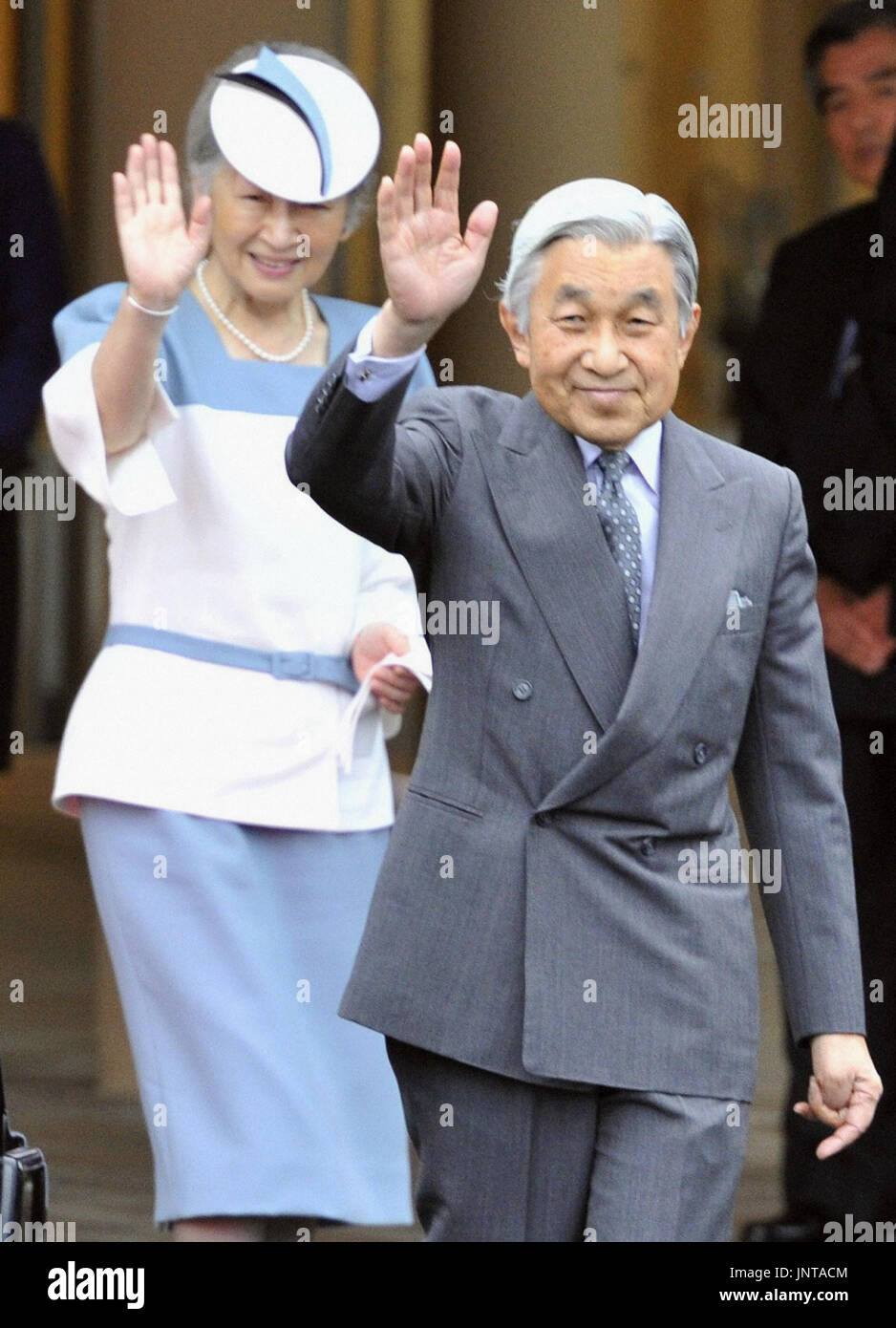 CHIBA, Japan - Emperor Akihito and Empress Michiko wave to people while ...