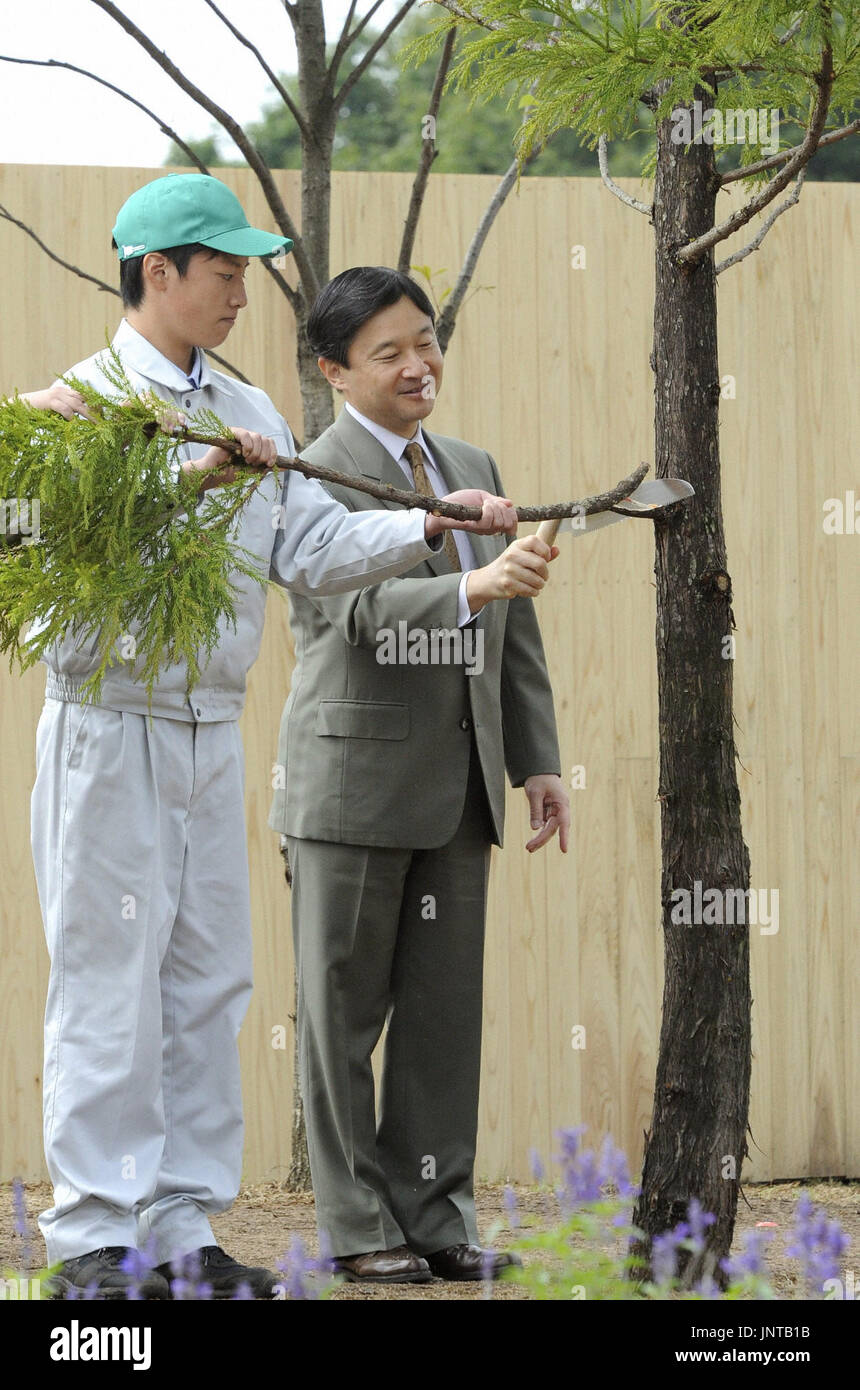 NUMATA, Japan - Crown Prince Naruhito (R) saws a branch of cedar at a ...