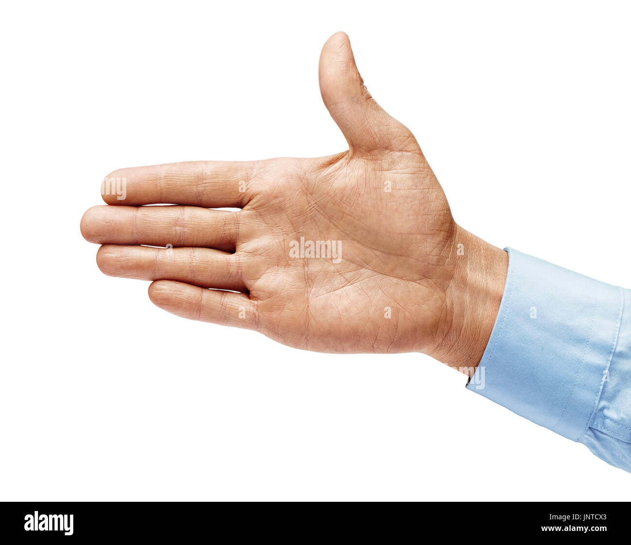 Man's hand in a shirt outstretched in greeting isolated on white ...