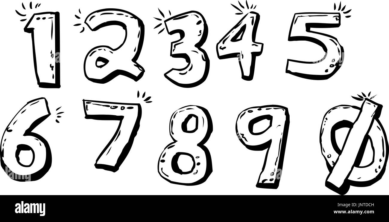 Outlined set of isolated cartoon of shiny hand drawn numbers over white ...