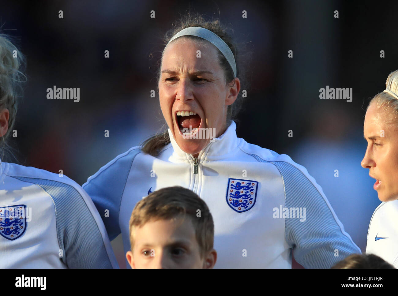 England goalkeeper Karen Bardsley sings the national anthem prior to ...