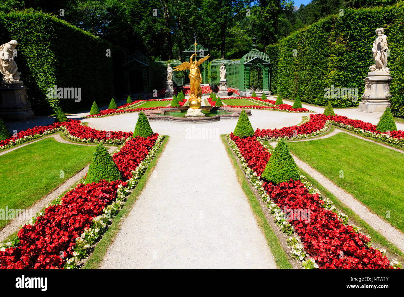 Formal garden with golden fountain, Linderhof, Munich, Bavaria, Germany ...