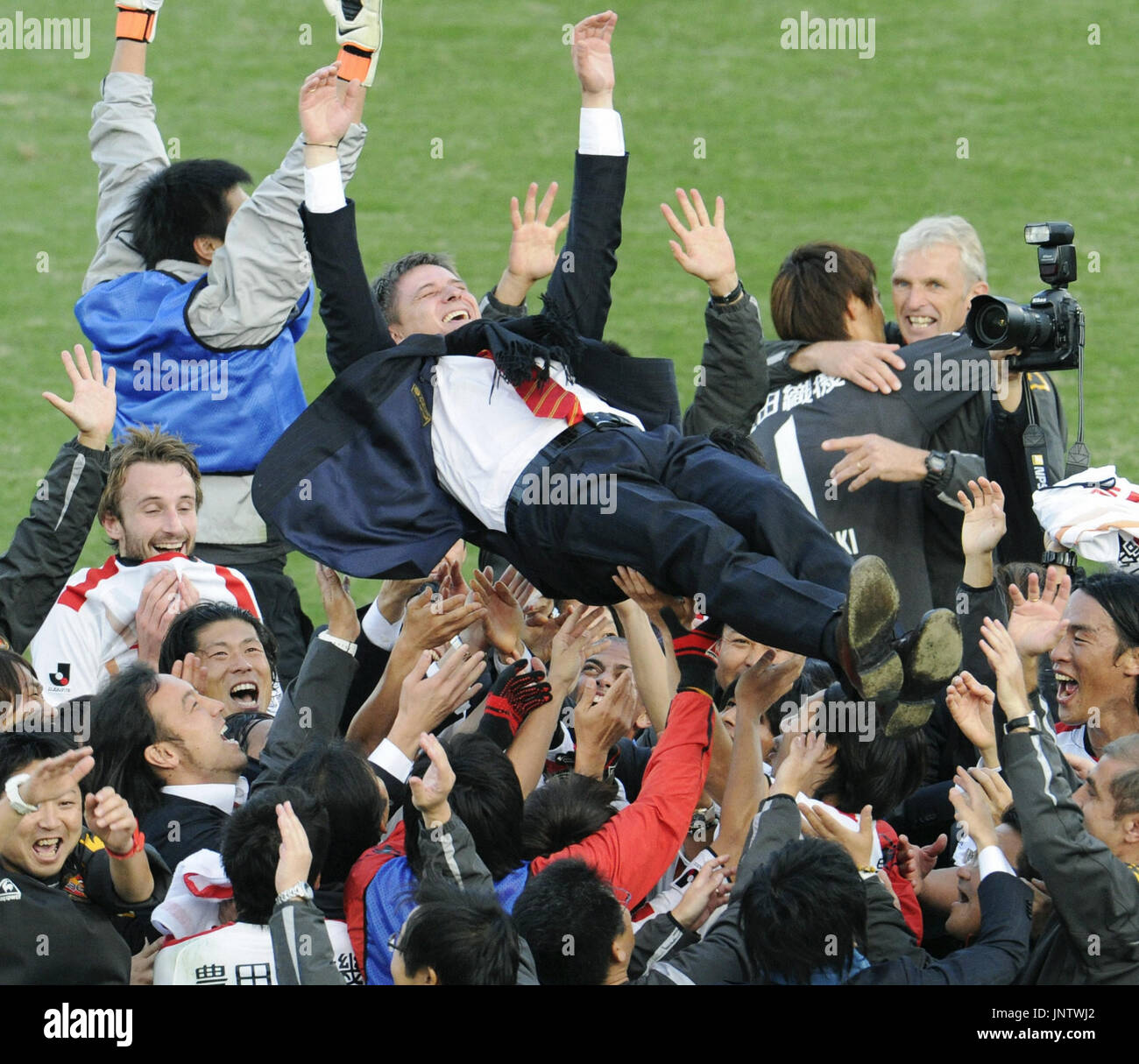 HIRATSUKA, Japan - Nagoya Grampus manager Dragan Stojkovic is tossed in ...