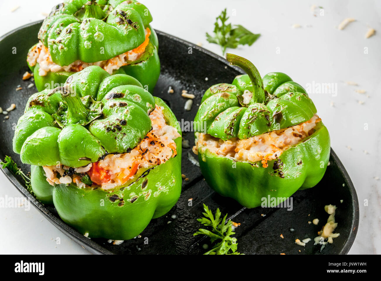 Autumn recipes. Homemade stuffed bell pepper with minced meat, carrots ...