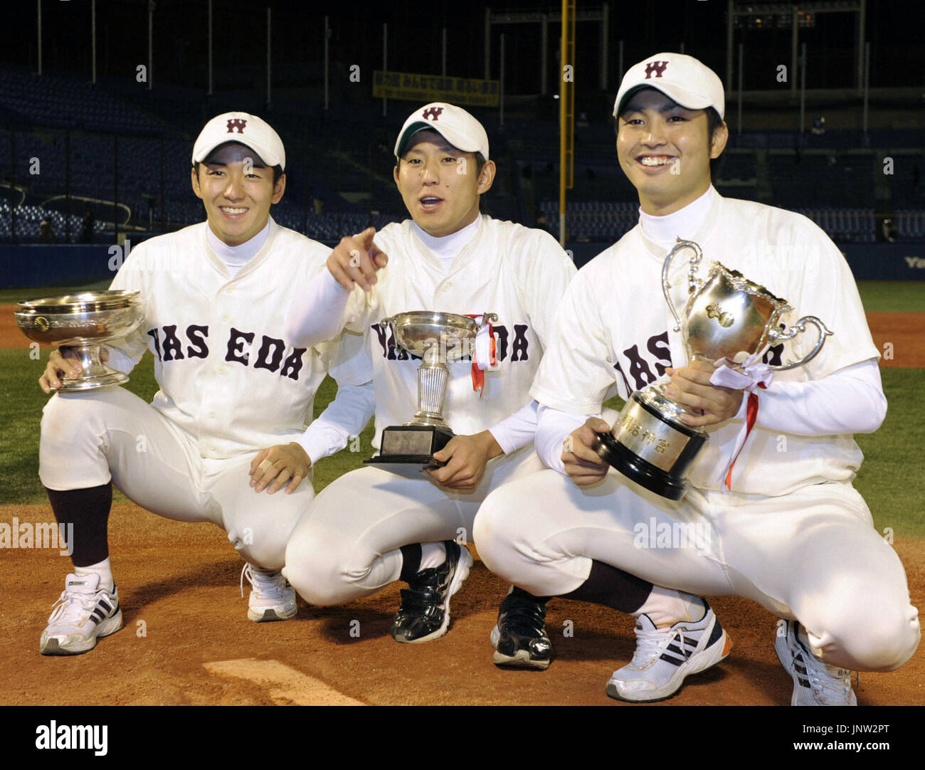 TOKYO, Japan - (From L to R) Waseda University pitchers Yuki Saito ...