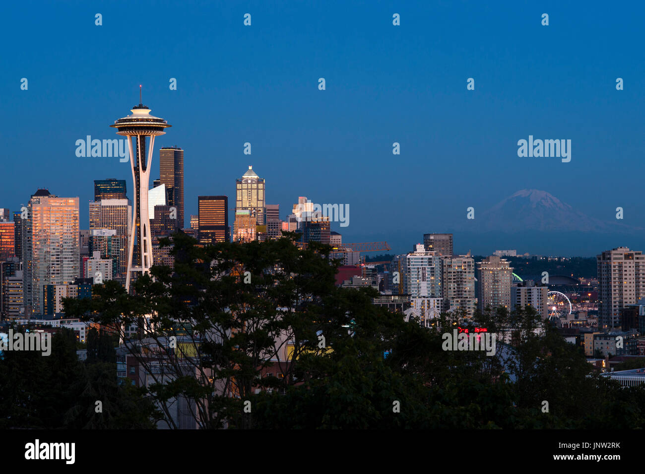 Retro image of Space Needle and downtown Seattle toward twilight Stock ...