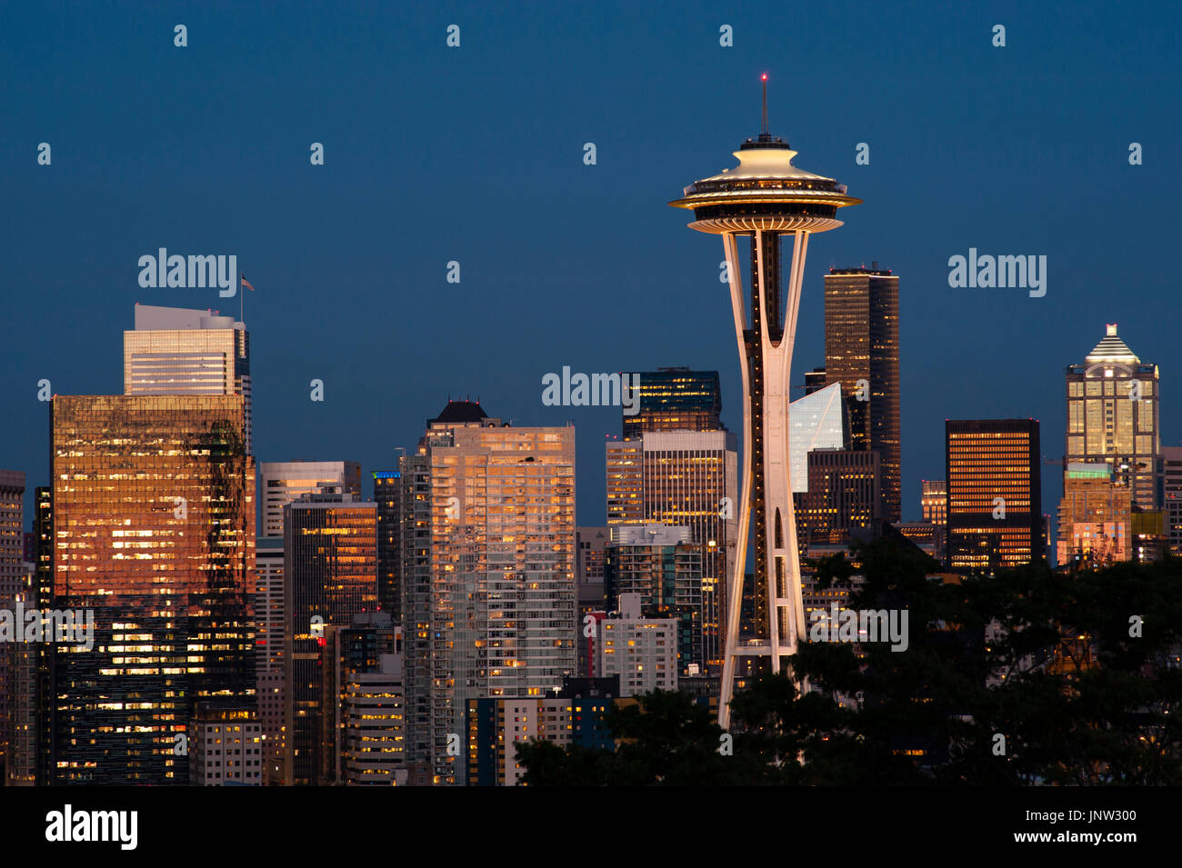 Retro image of Space Needle and downtown Seattle toward twilight Stock ...