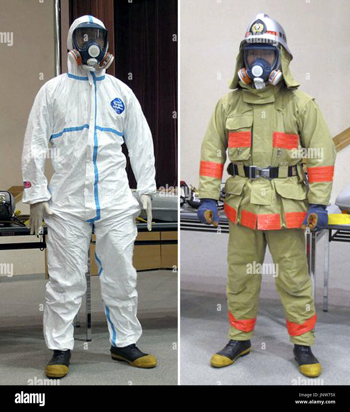 TOKYO, Japan - Combination photo shows the protective suits (L) being ...