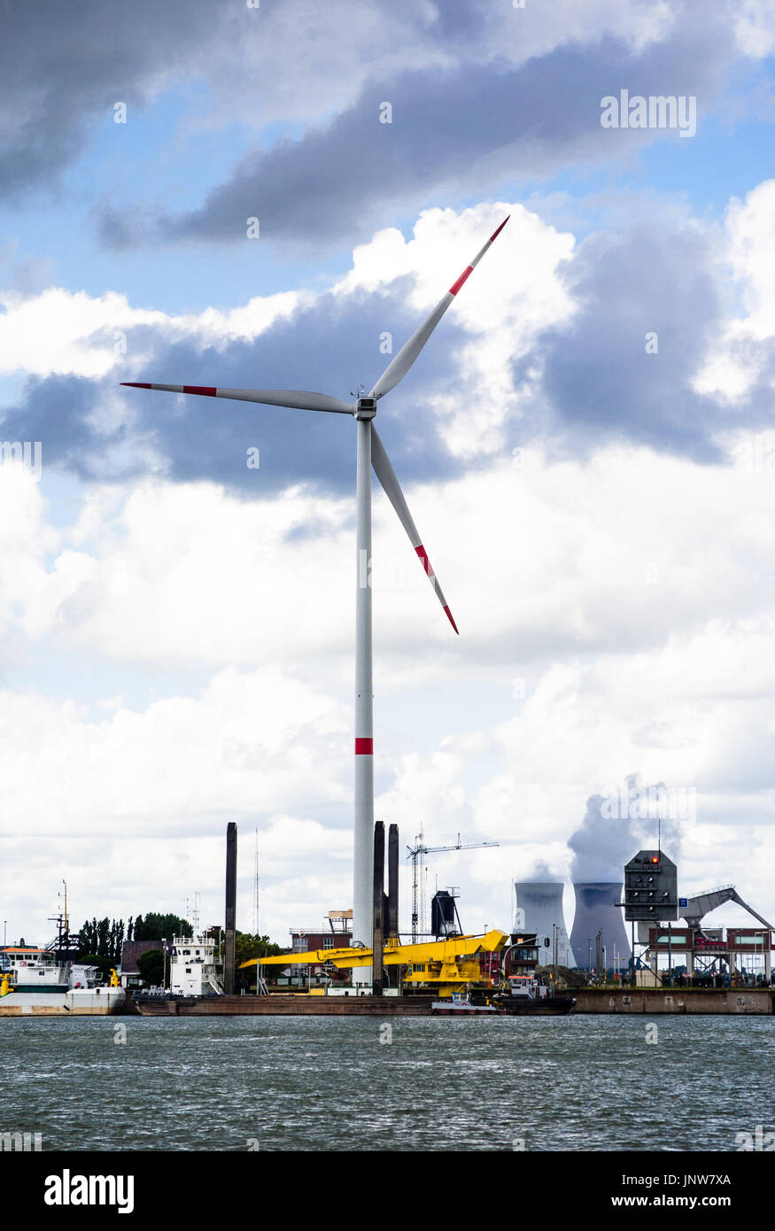 View on windmill and coal-fired power station by port of Antwerp Stock ...