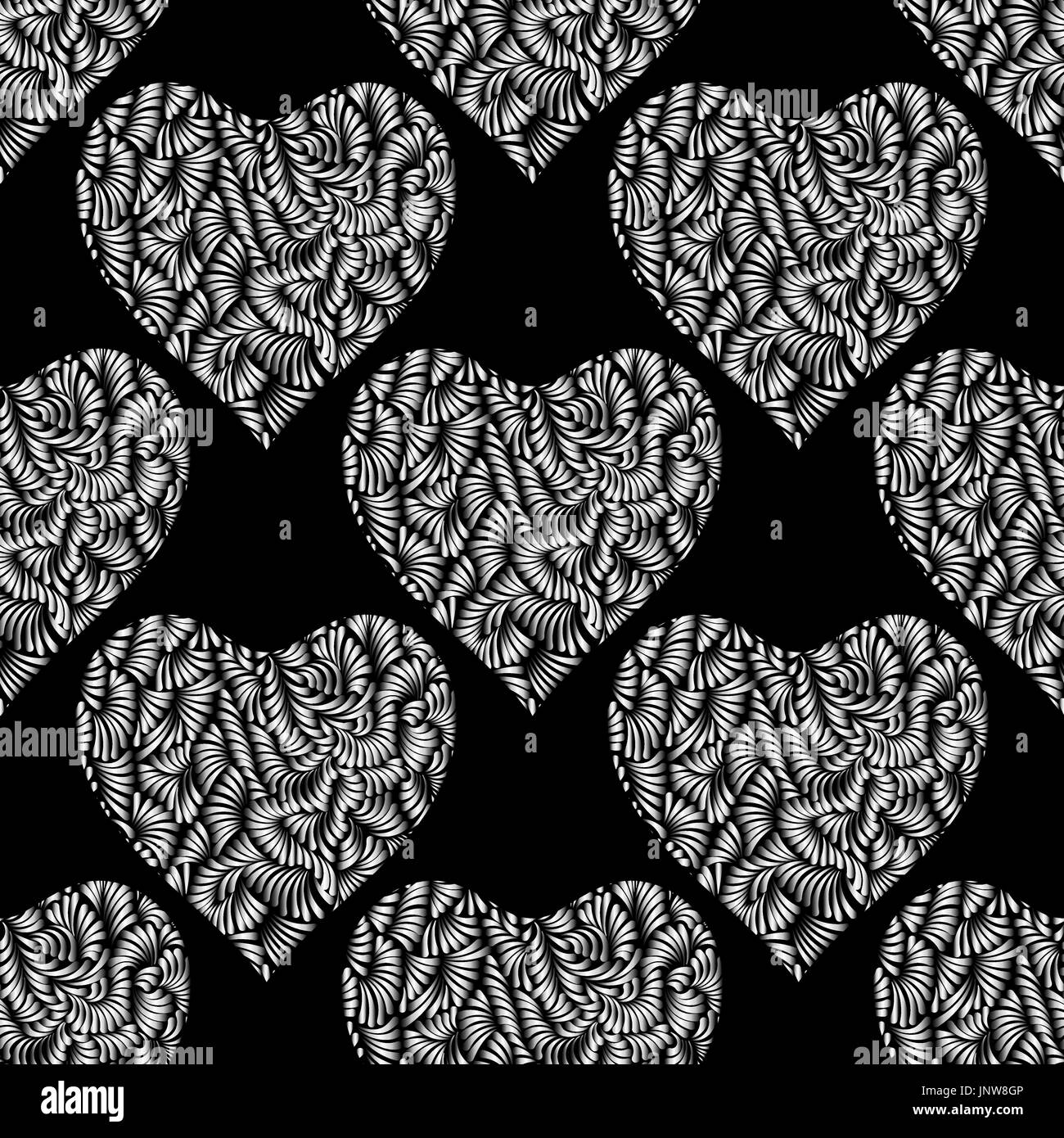 Silver hearts seamless vector pattern. Shiny silver and black ...