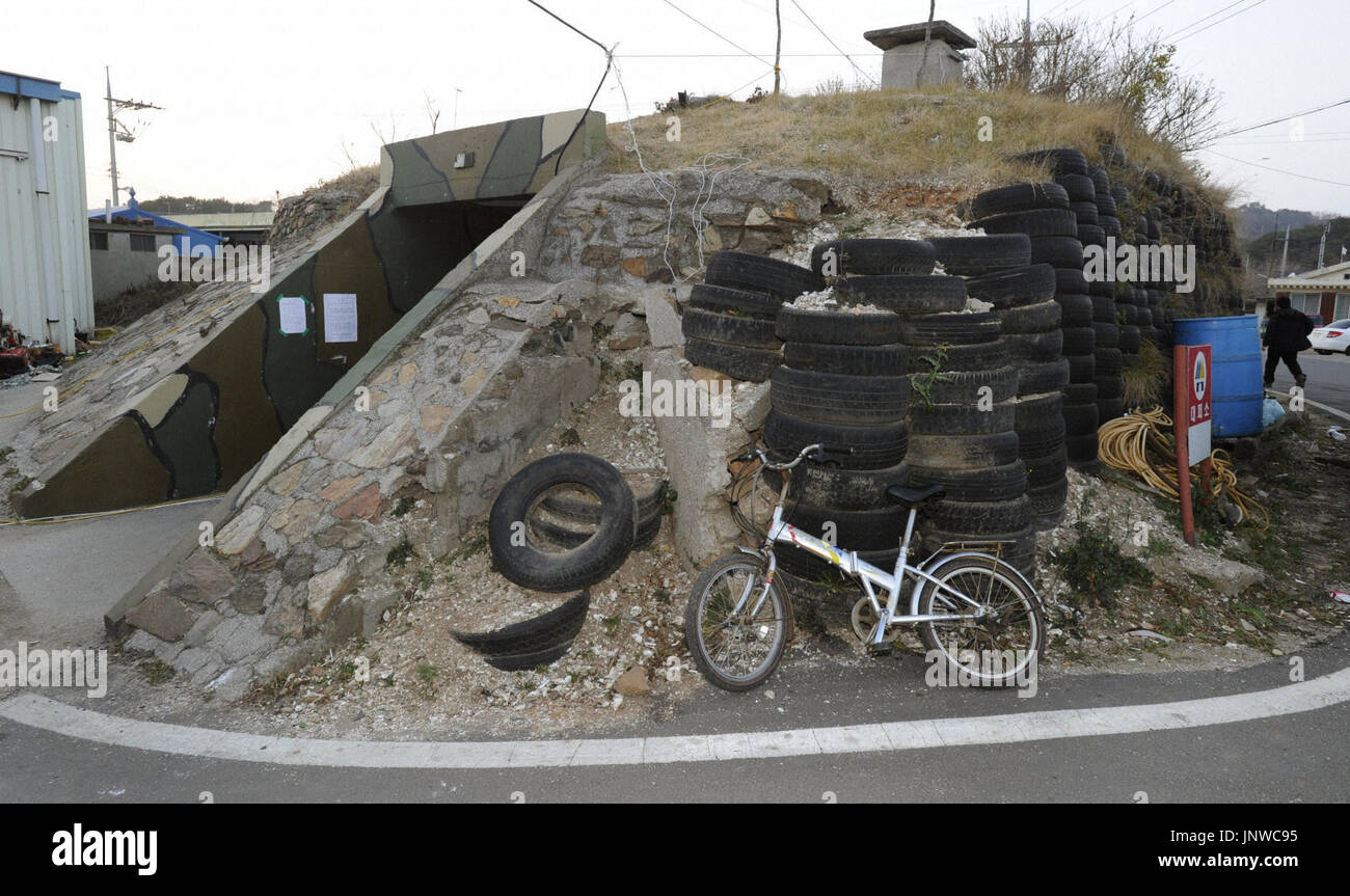 YEONPYEONG ISLAND, South Korea - Photo shows the entrance of a shelter ...