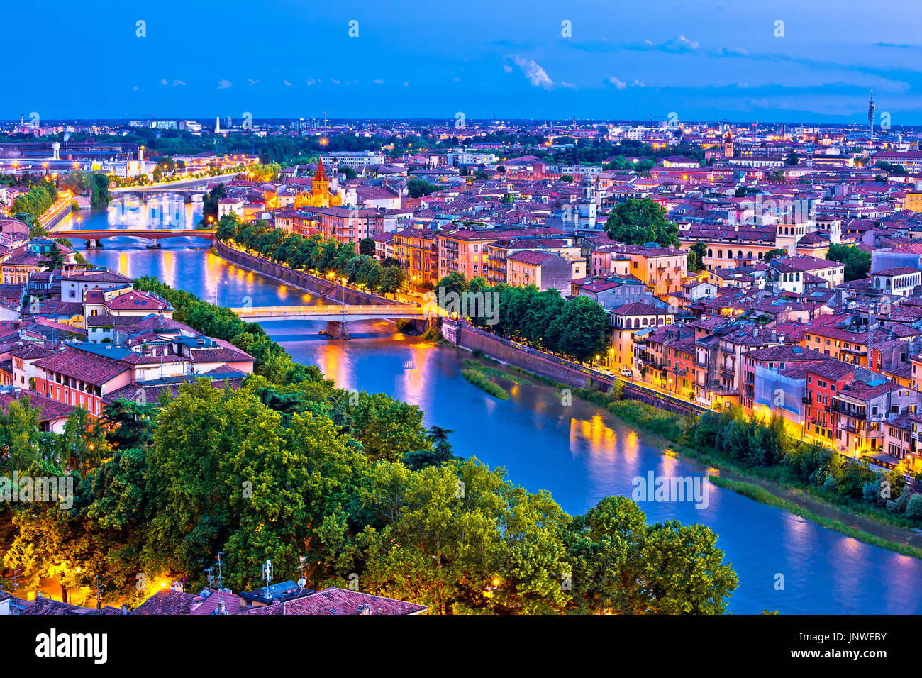 City of Verona and Adige river evening aerial view, tourist destination ...