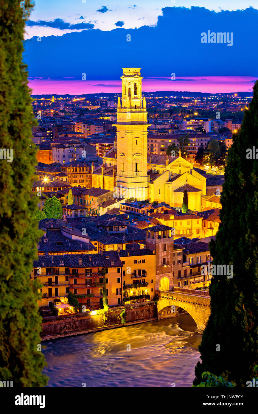 Verona towers and rooftops evening vertical view, tourist destination ...