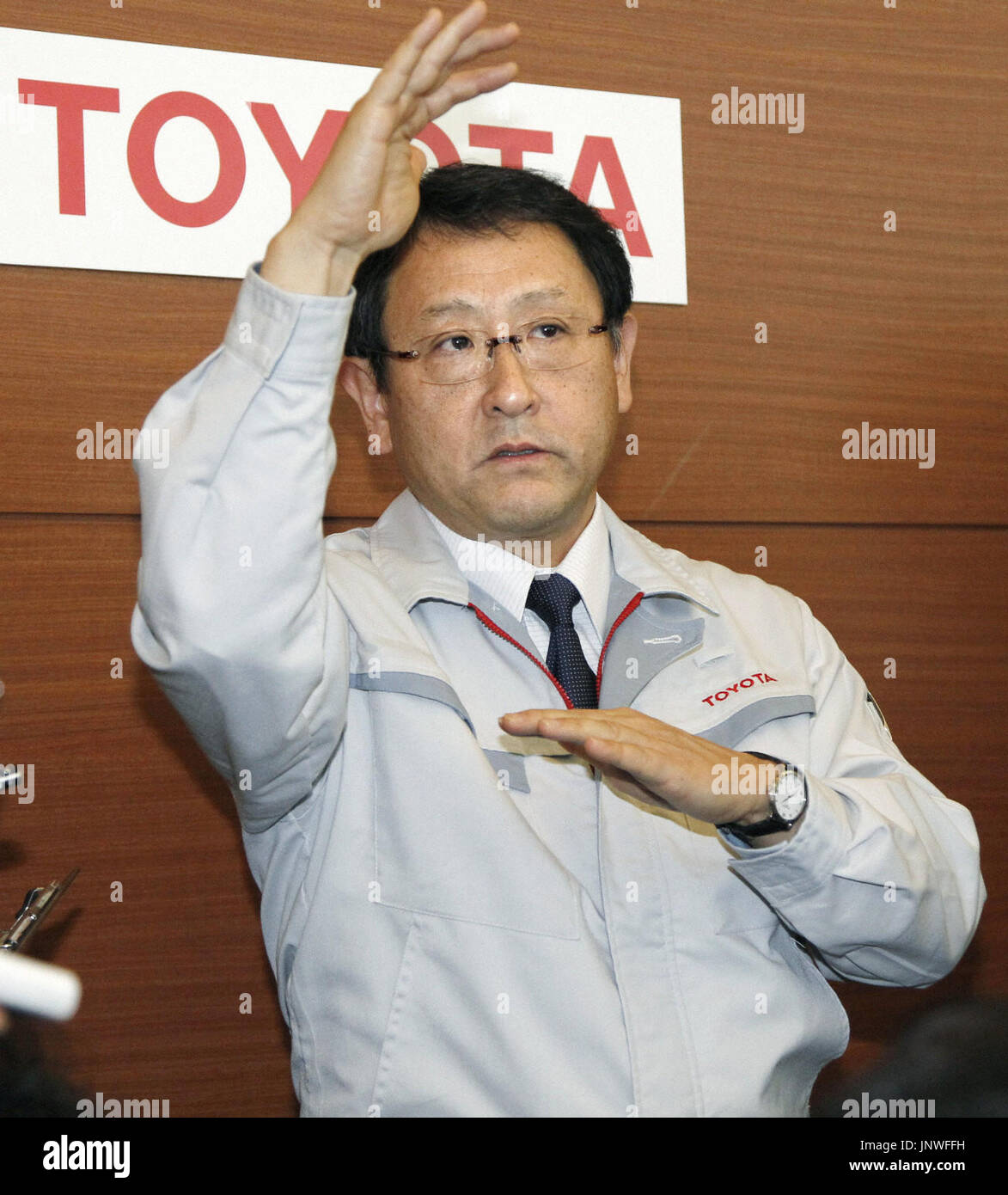 NAGOYA, Japan - Toyota Motor Corp. President Akio Toyoda tells reporters in Nagoya on April 8 ...