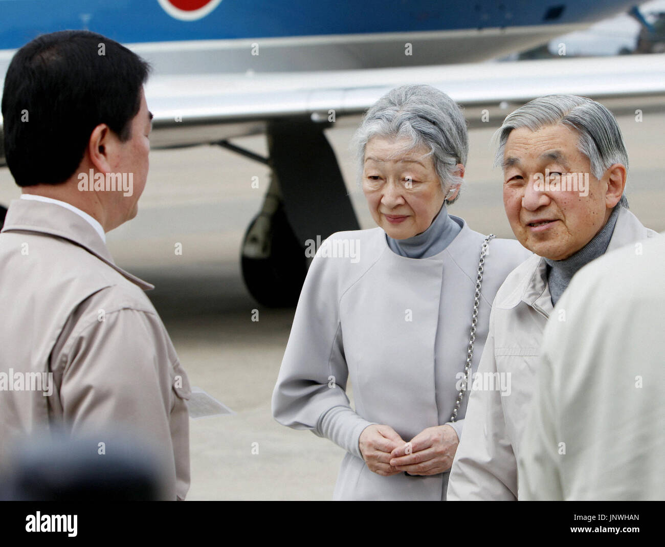 HIGASHIMATSUSHIMA, Japan - Emperor Akihito (R) and Empress Michiko (C ...