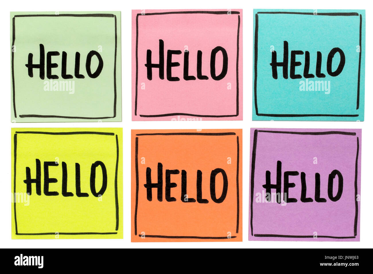 Hello greeting - handwriting in black ink, a set of isolated sticky ...