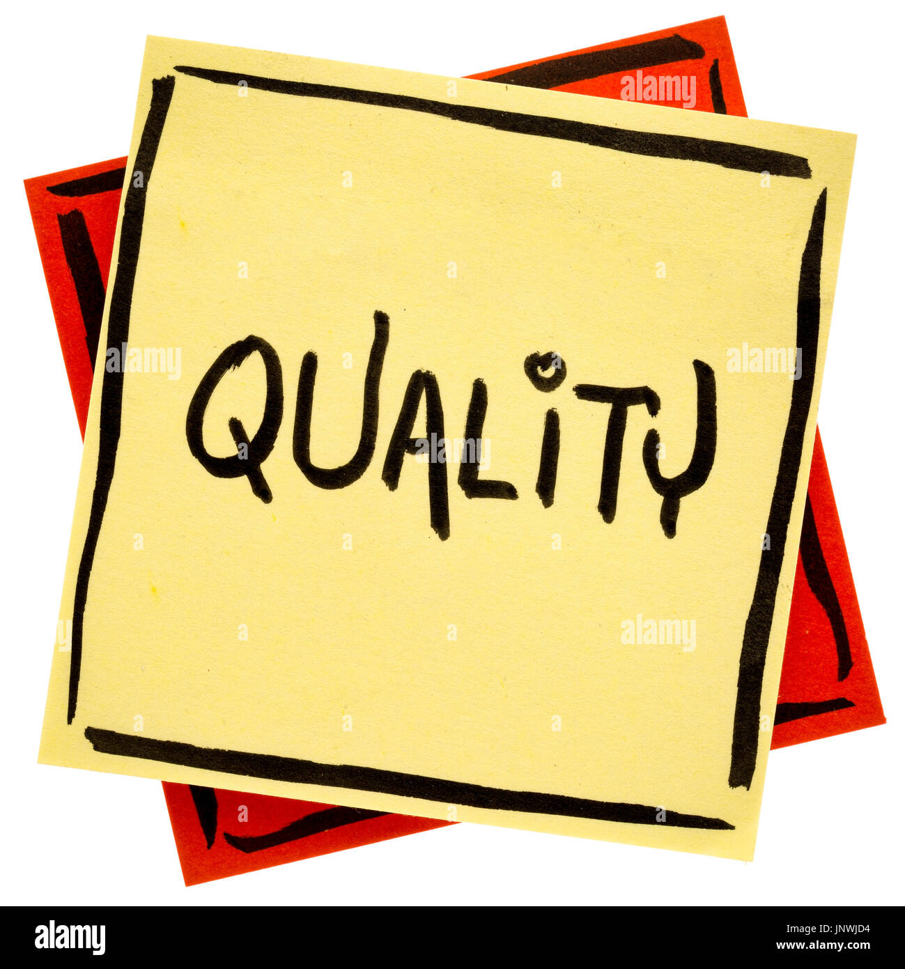 quality reminder - handwriting in black ink on an isolated sticky note ...