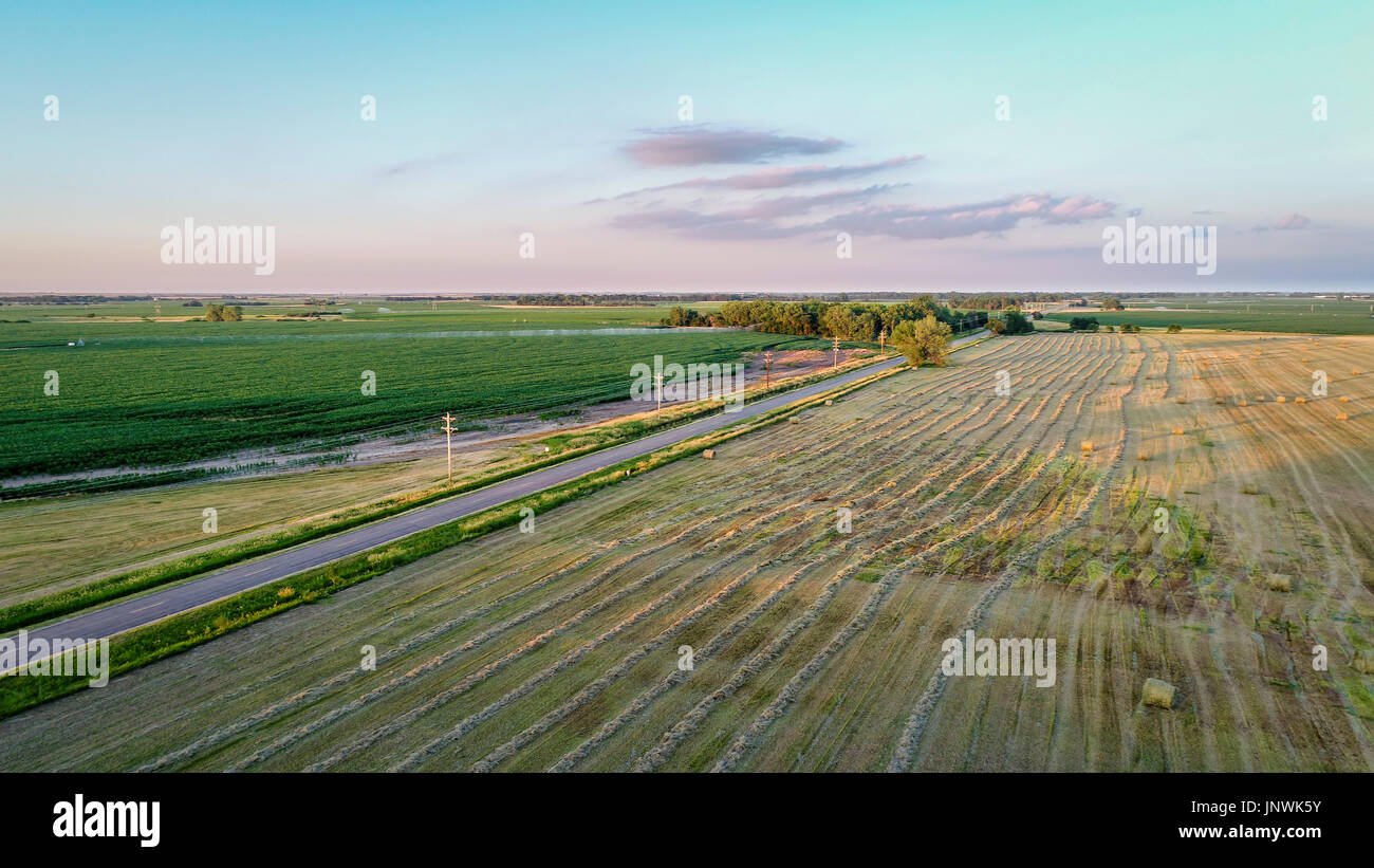 aerial view of rural Nebraska landscape with a narrow road, meadow and ...