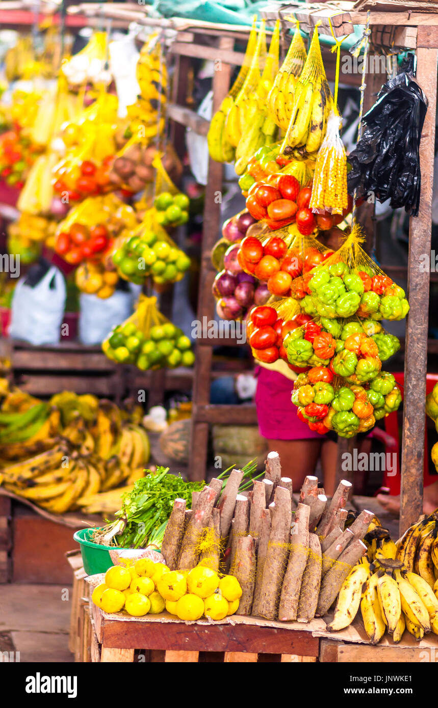 View on Colorful market with fresh vegetables in Colombia Stock Photo ...
