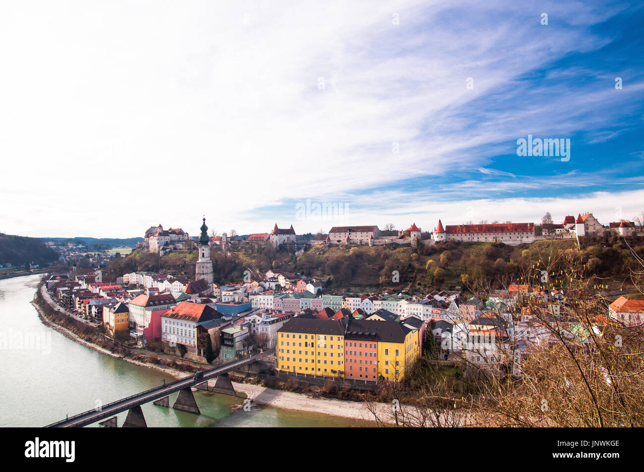View on medieval city of Burghausen and Salzach in Germany Stock Photo ...
