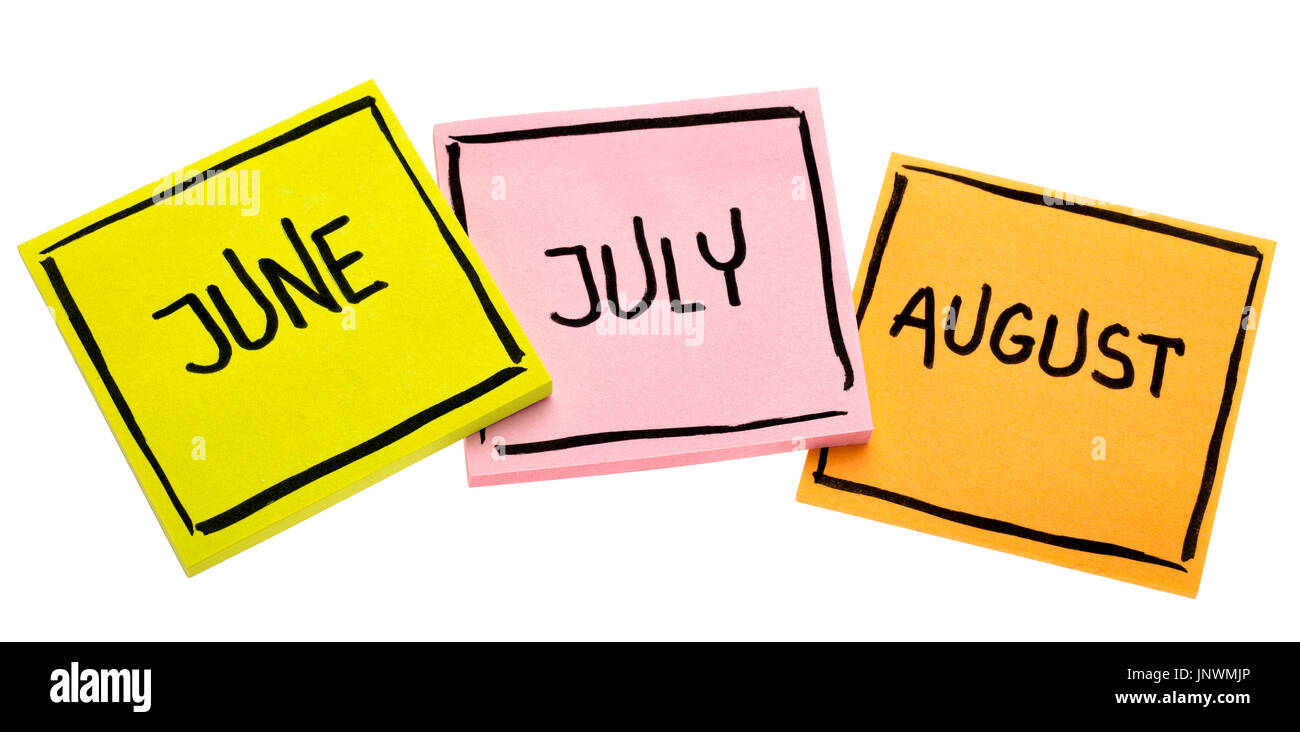 June, July and August - handwriting in black ink on isolated sticky ...