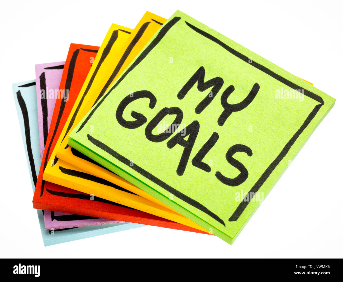 My goals - handwriting in black ink on an isolated sticky note Stock ...