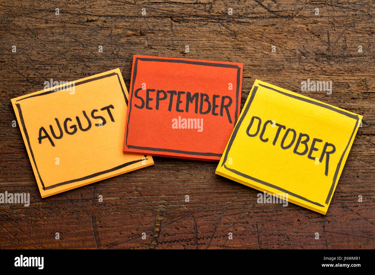 August, September and October - handwriting in black ink on sticky ...