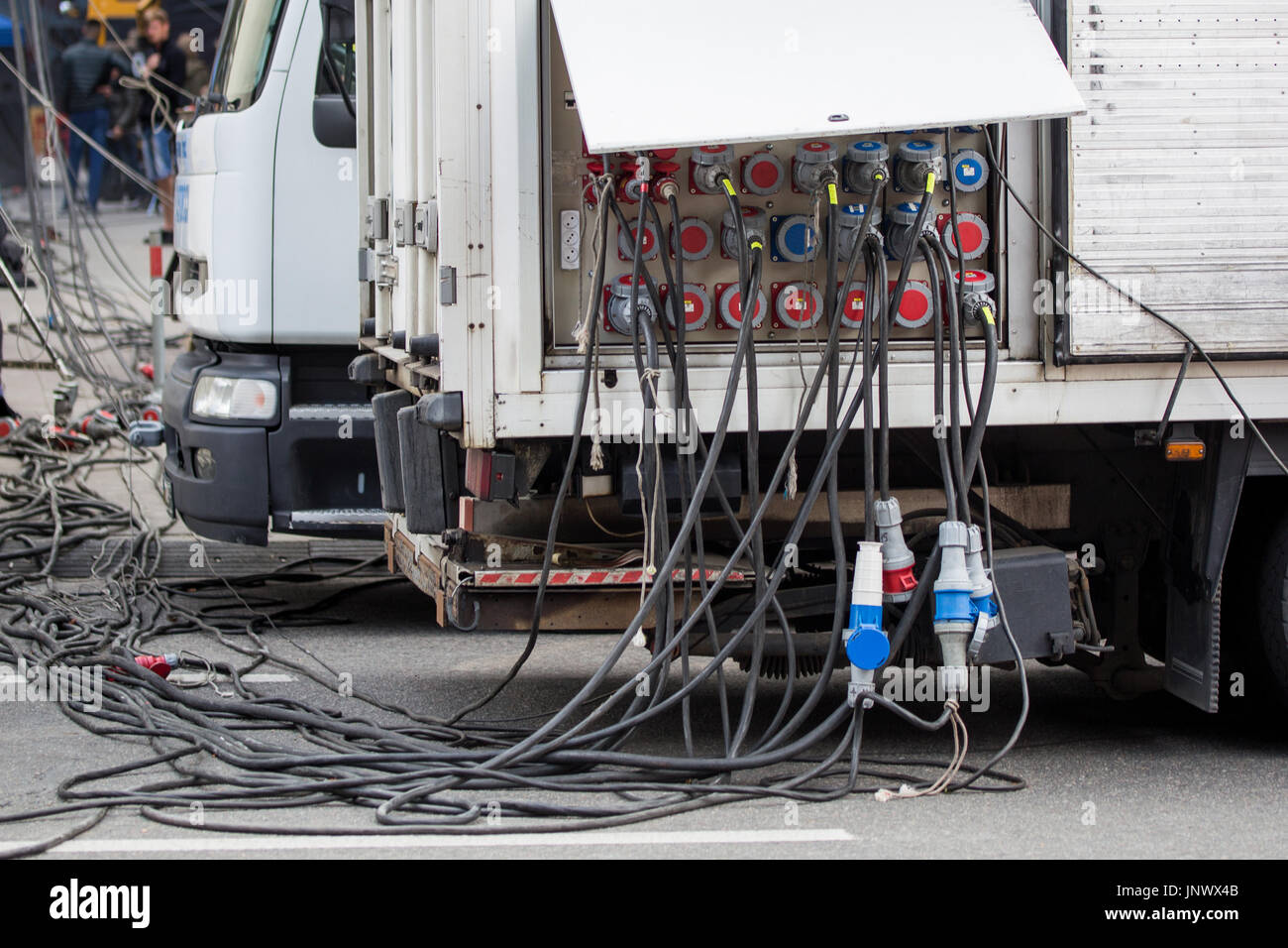 Temporary outdoors mobile distribution station, close-up view of power ...