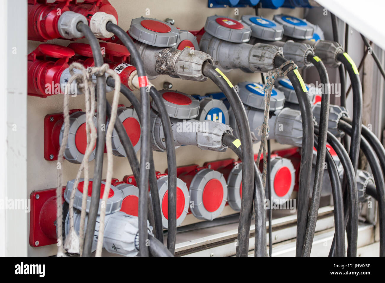 Temporary outdoors mobile distribution station, close-up view of power ...