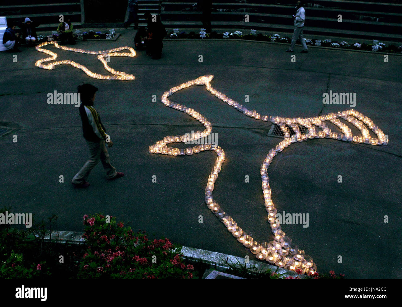 MINAMISANRIKU, Japan - Bird images are drawn with lined-up candles at ...