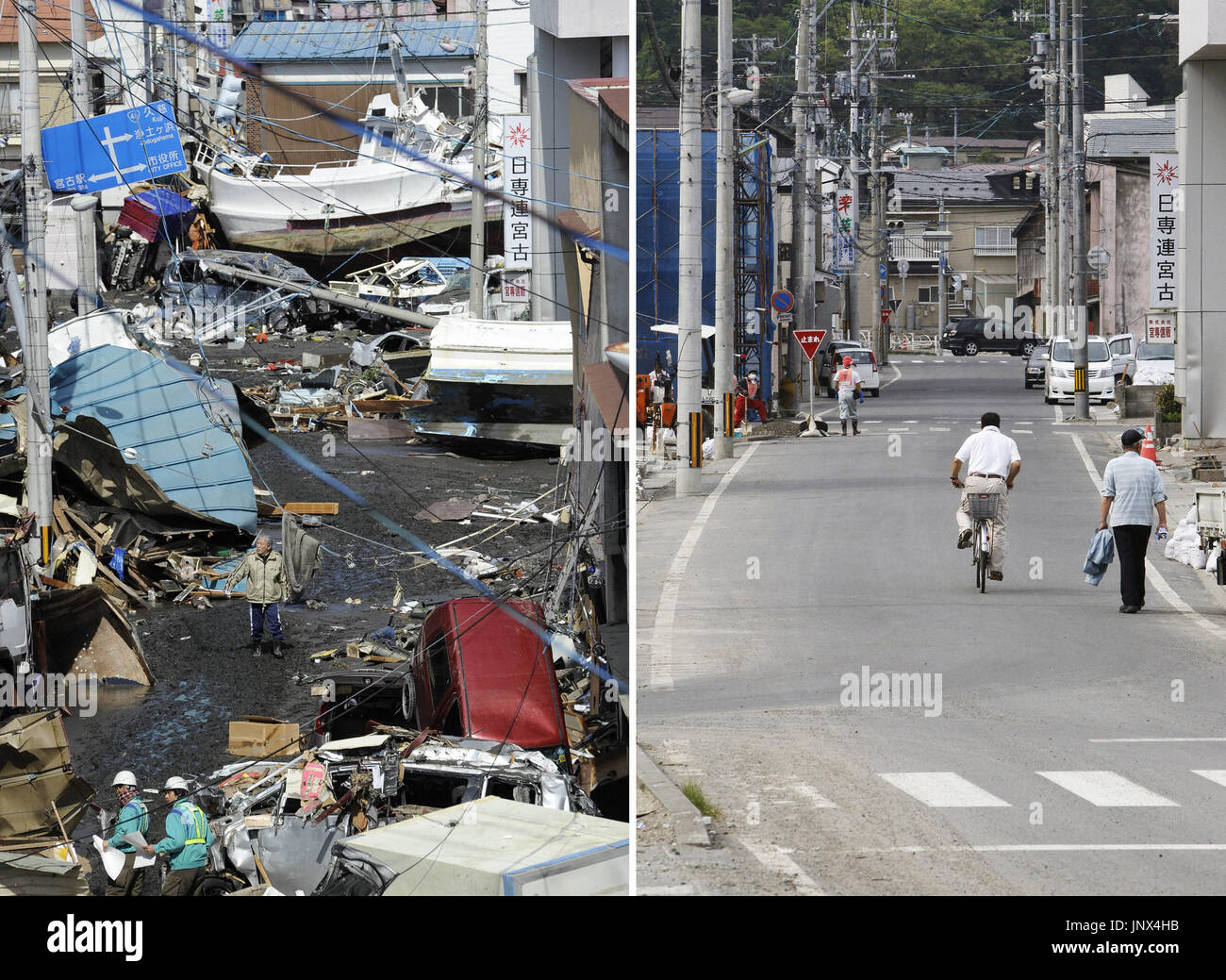 MIYAKO, Japan - Combined photo shows a road littered with cars and a ...