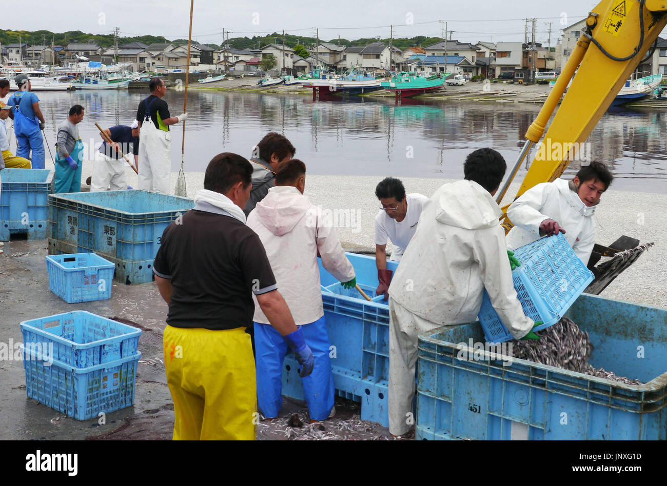 CHIBA, Japan - Fishermen collect masses of dead sardines floating at a ...