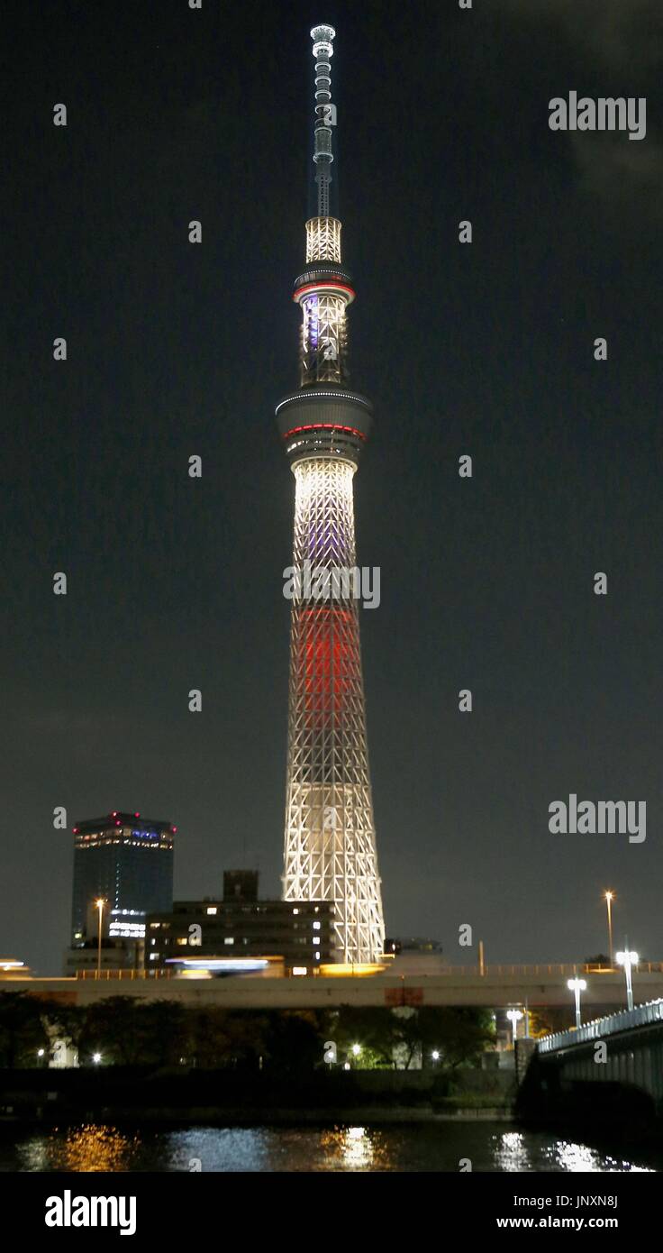 TOKYO, Japan - Tokyo Sky Tree is lit up in five colors used in Tokyo's ...