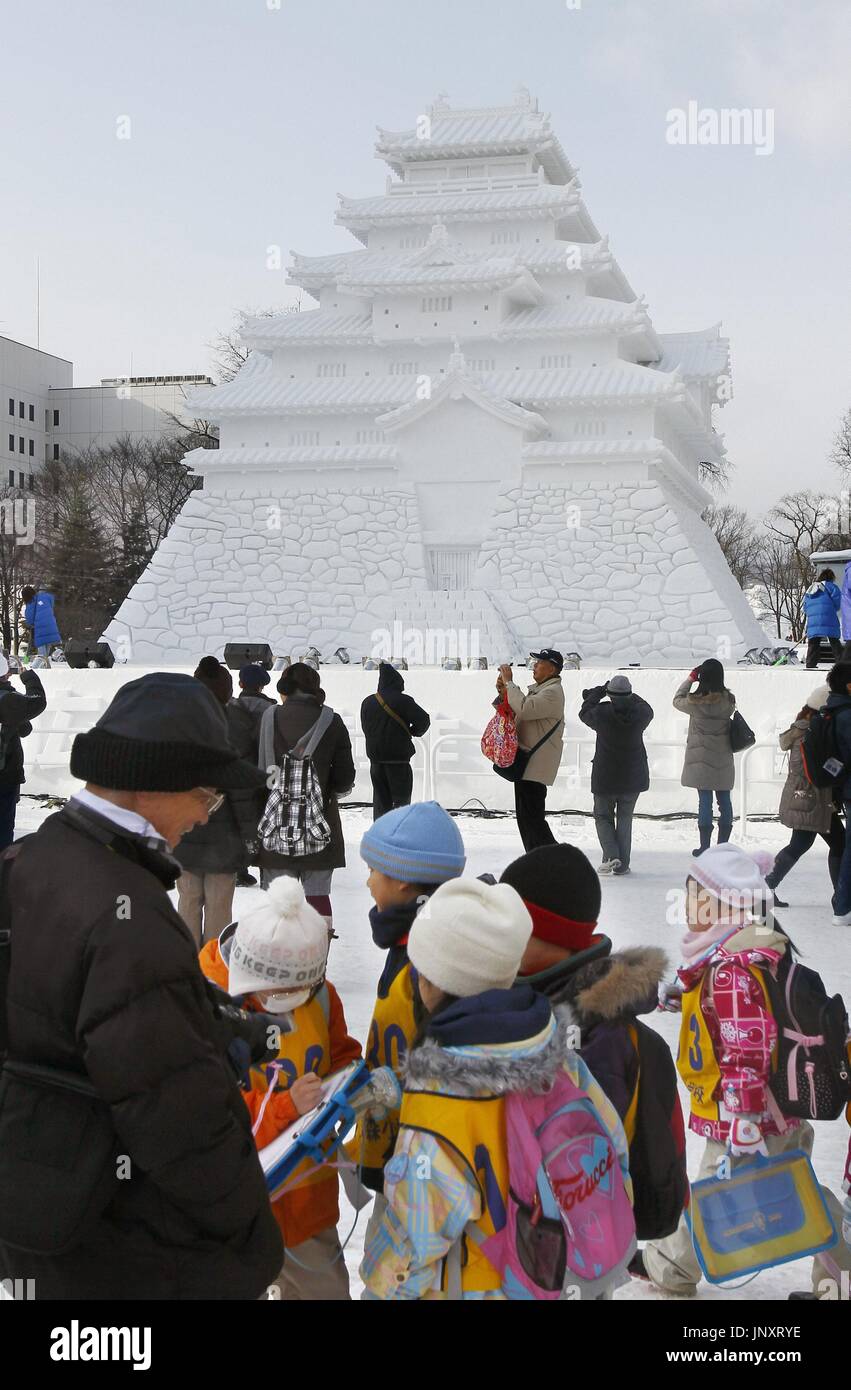SAPPORO, Japan - Photo shows a snow sculpture of Tsurugajo, a castle in ...