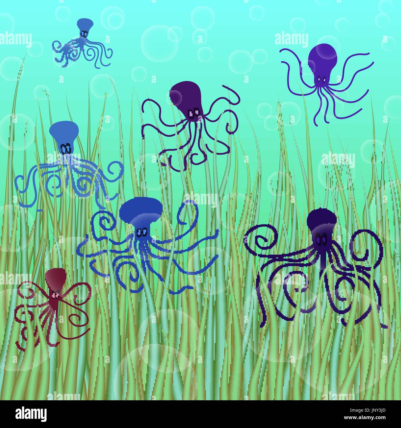 abstract vector underwater background with octopuses and bubbles Stock ...