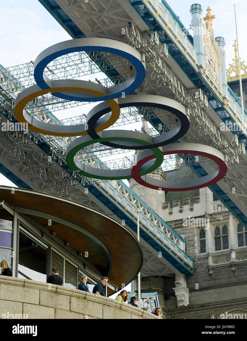 LONDON, England - A huge set of the five Olympic rings are suspended ...