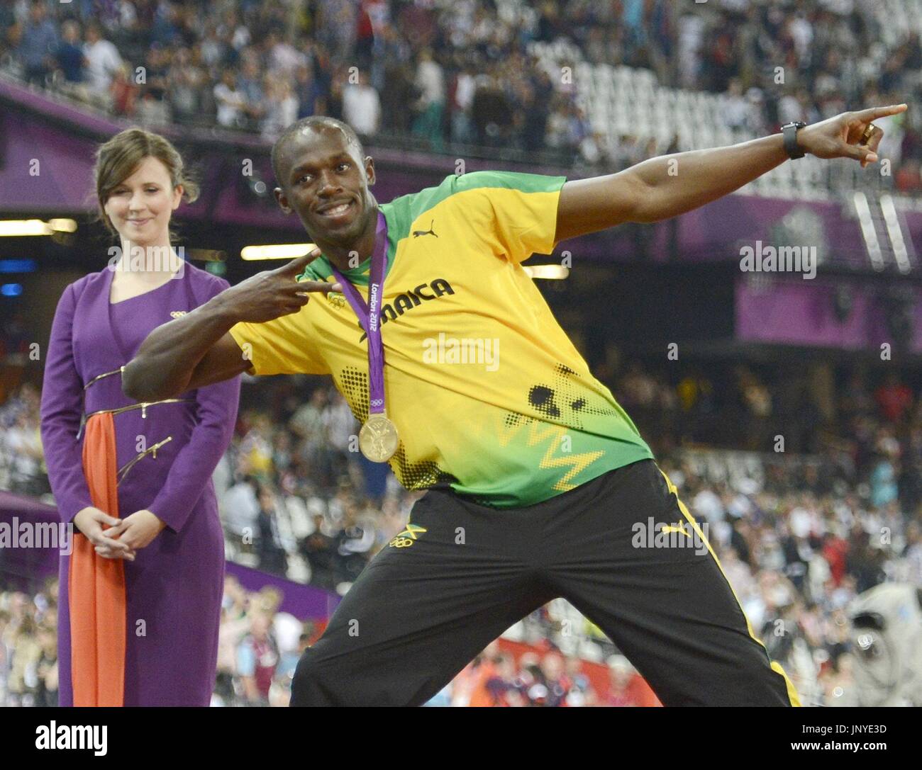 LONDON, Britain - Jamaica's Usain Bolt strikes his signature pose ...