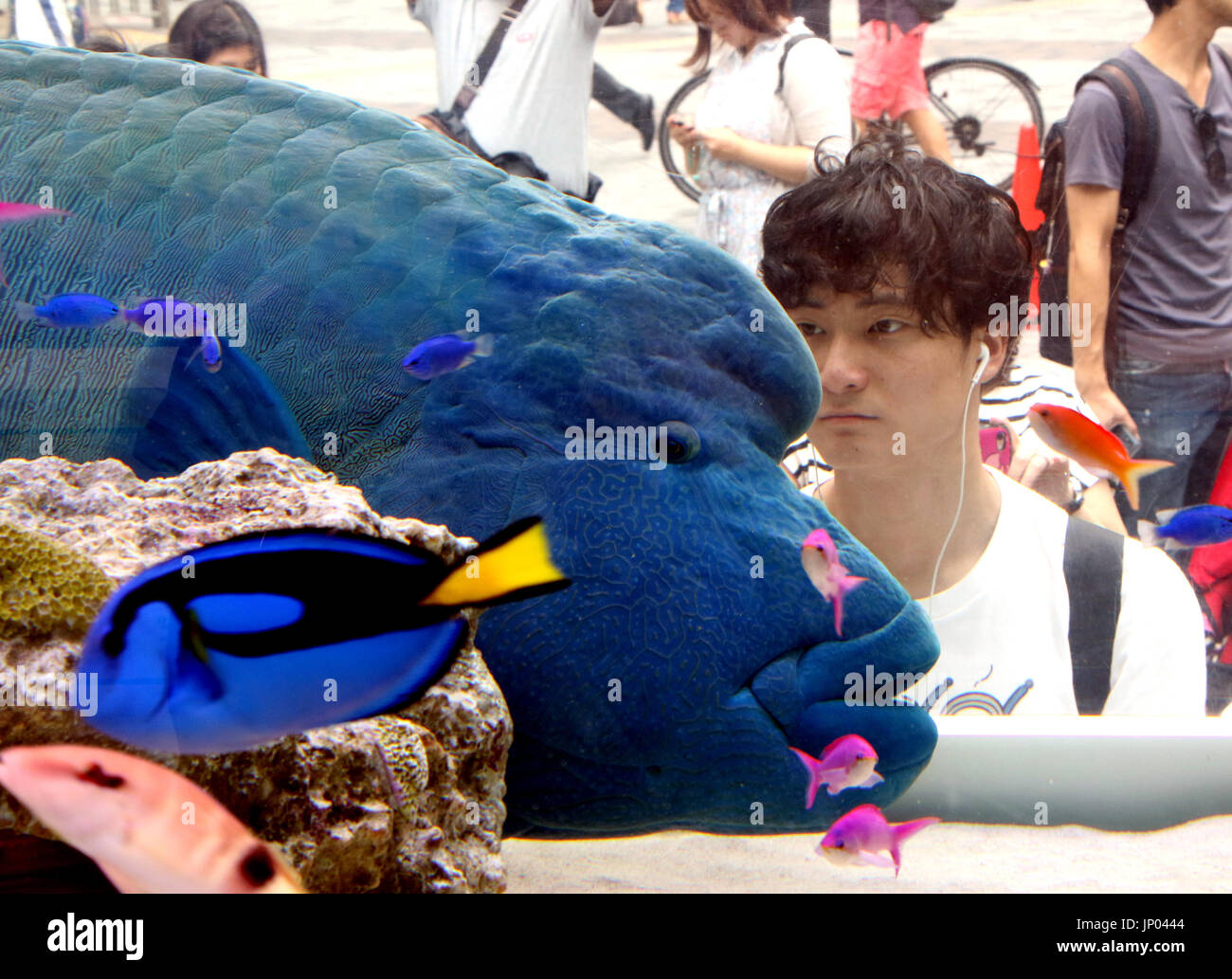 Tokyo, Japan. 1st Aug, 2017. Shoppers in Ginza look at tropical fish ...